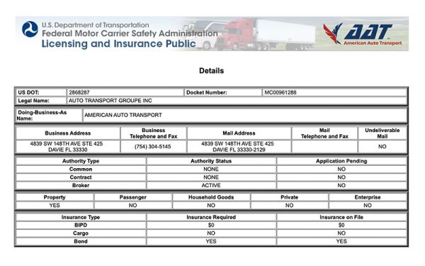 USDOT Federal Motor Carrier License - American Auto Transport